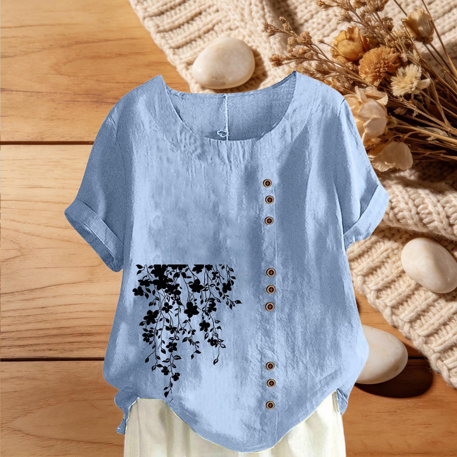 Gamivast Boho Womens Tops Linen Casual Short Sleeve Print Side Button ...