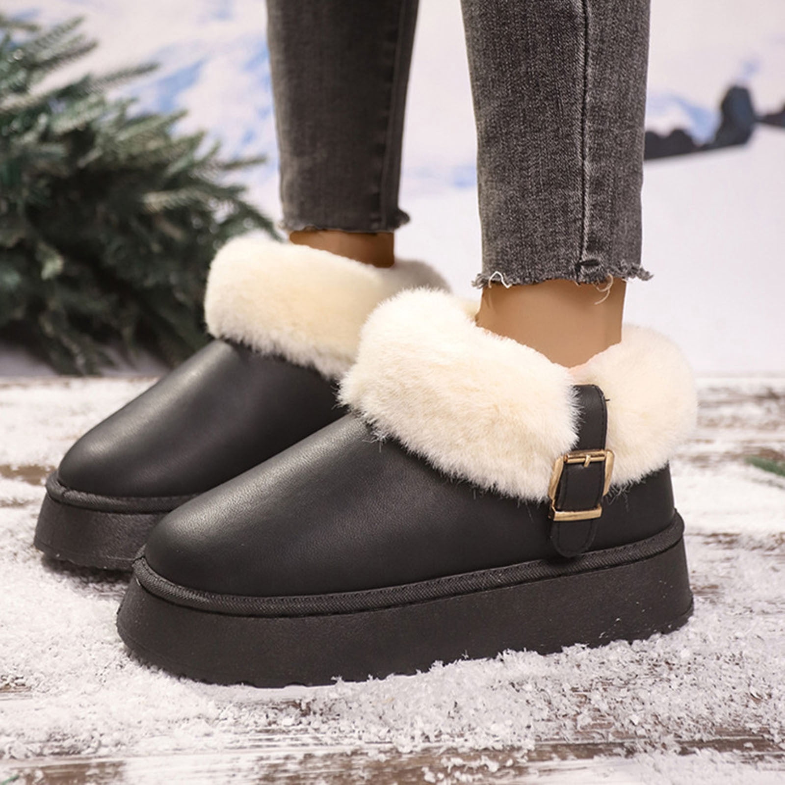 Gamivast Booties for Women Wide Width Slip-on Fuzzy Winter Sherpa Lined ...