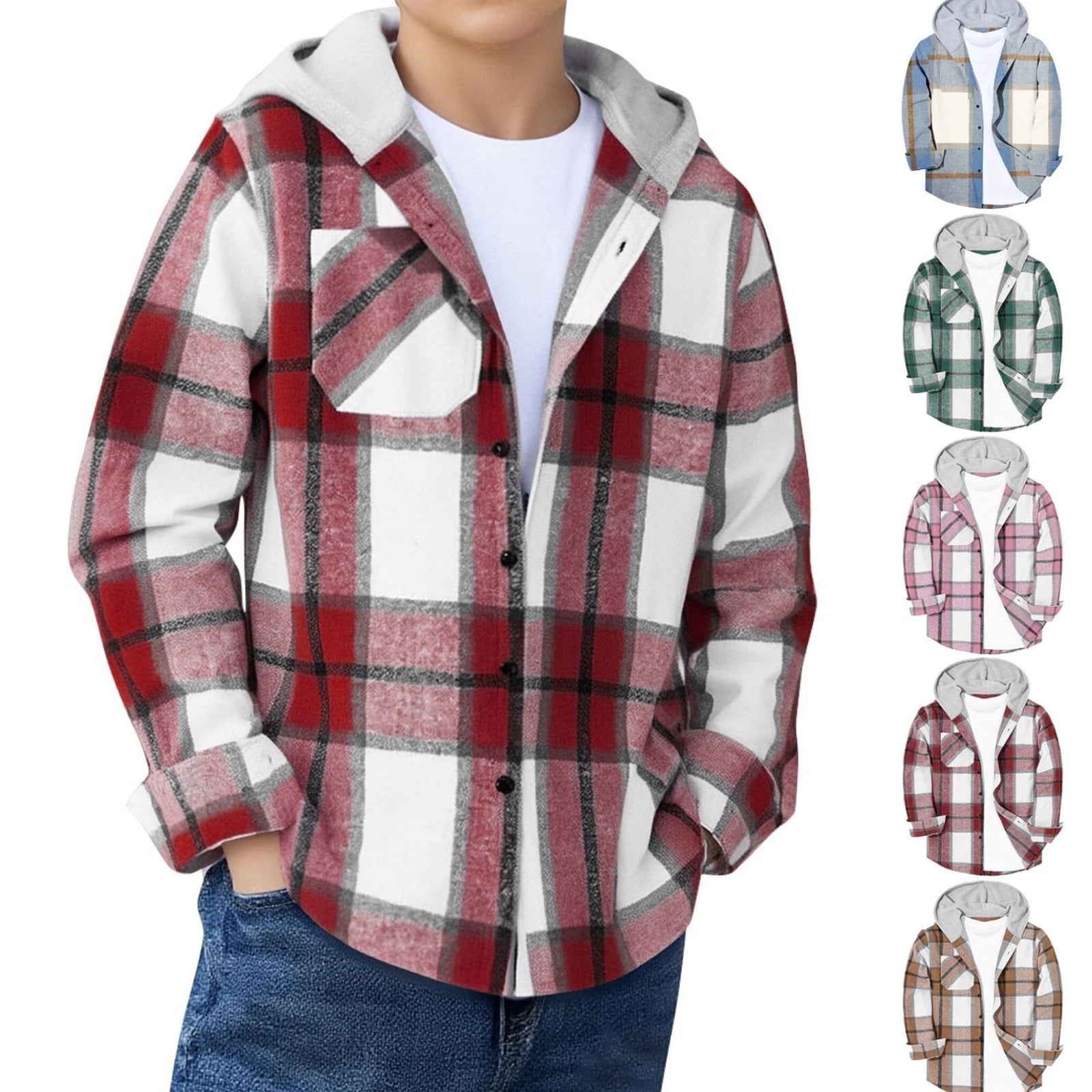Gamivast Boys Flannel Sweatshirts Plaid Lightweight Hooded Button Down ...