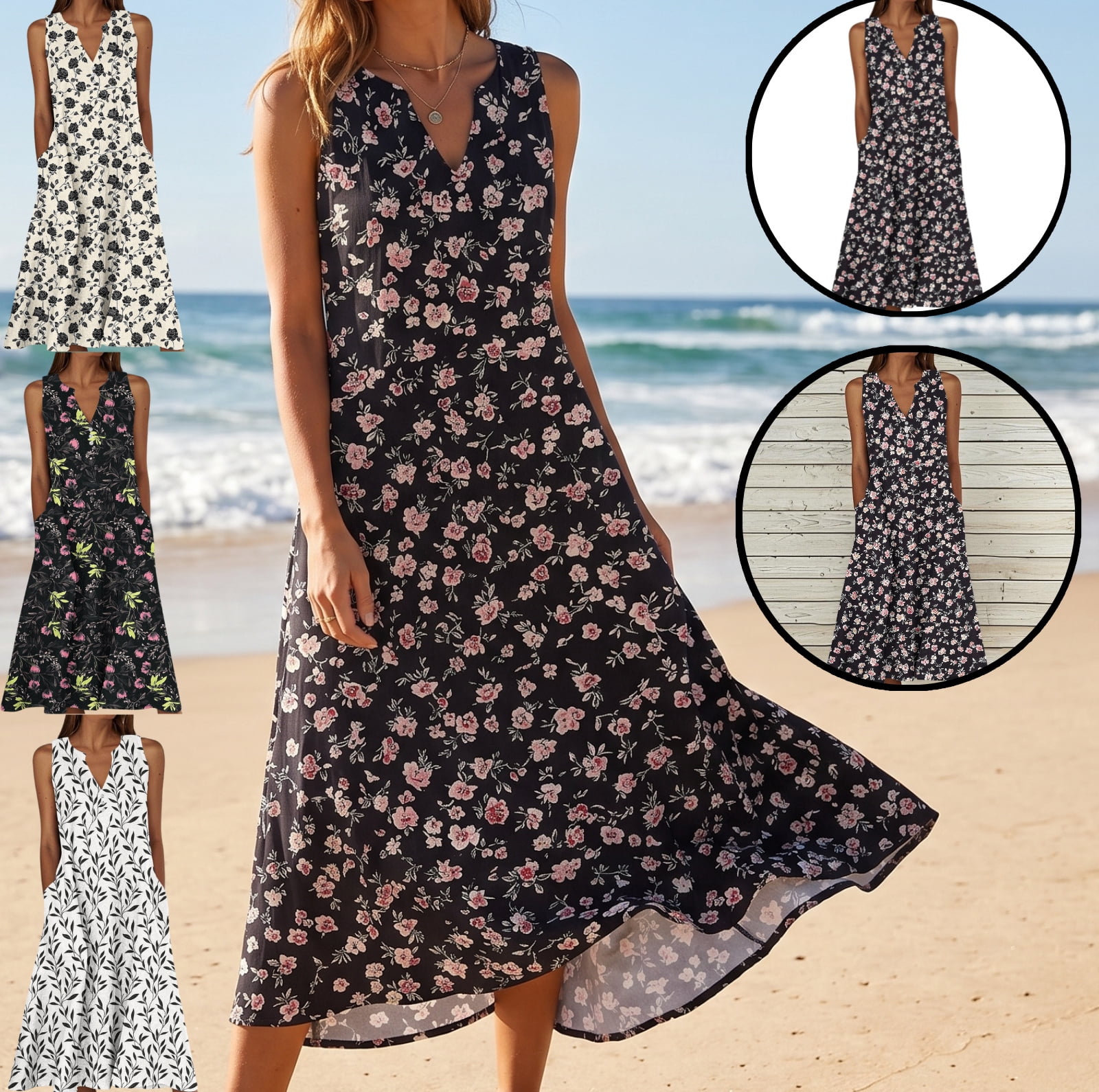 Gamivast Dresses for Women Sleeveless V Neck High Waisted A-Line Midi ...