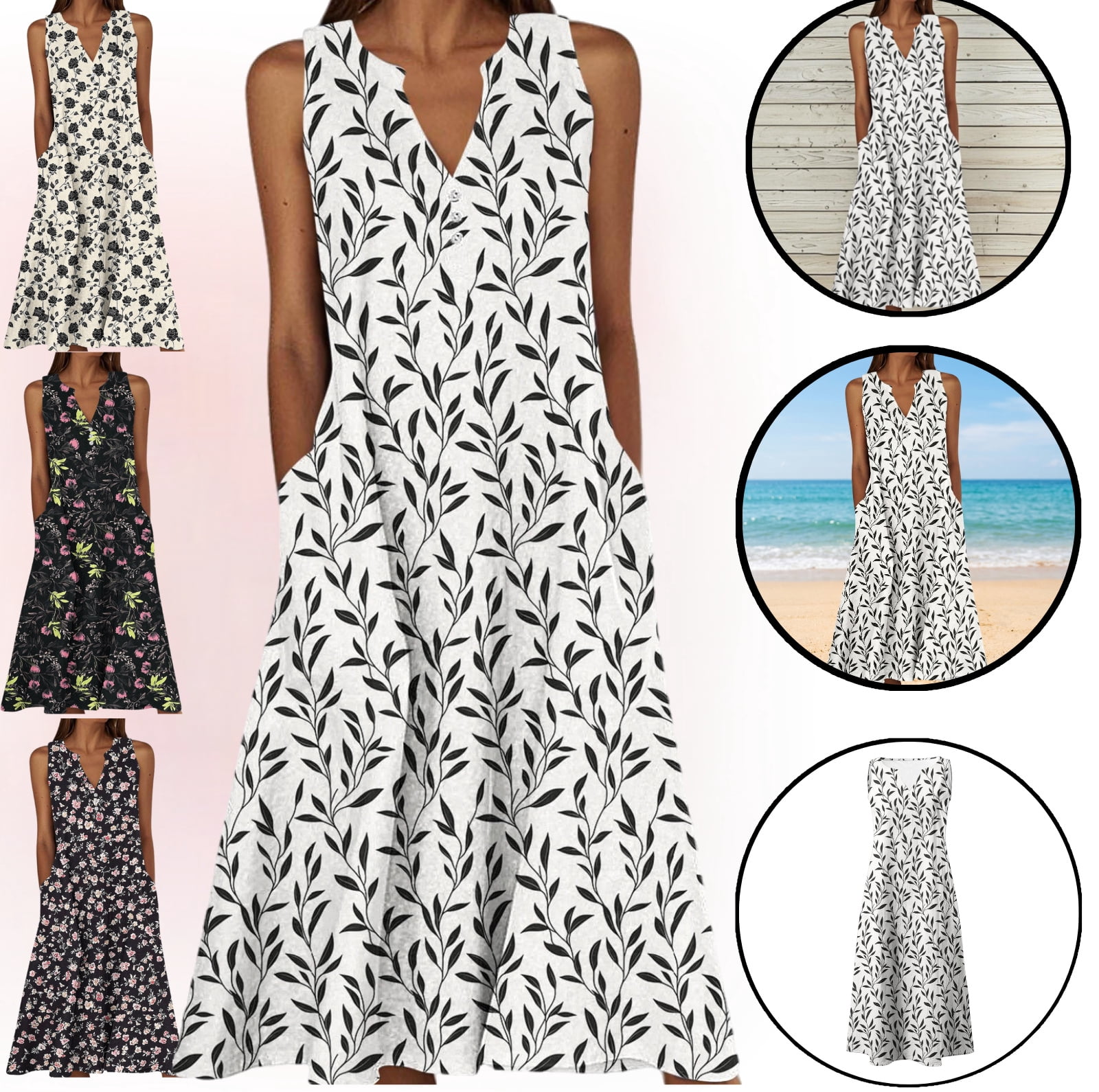 Gamivast Dresses for Women Sleeveless V Neck High Waisted A-Line Midi ...