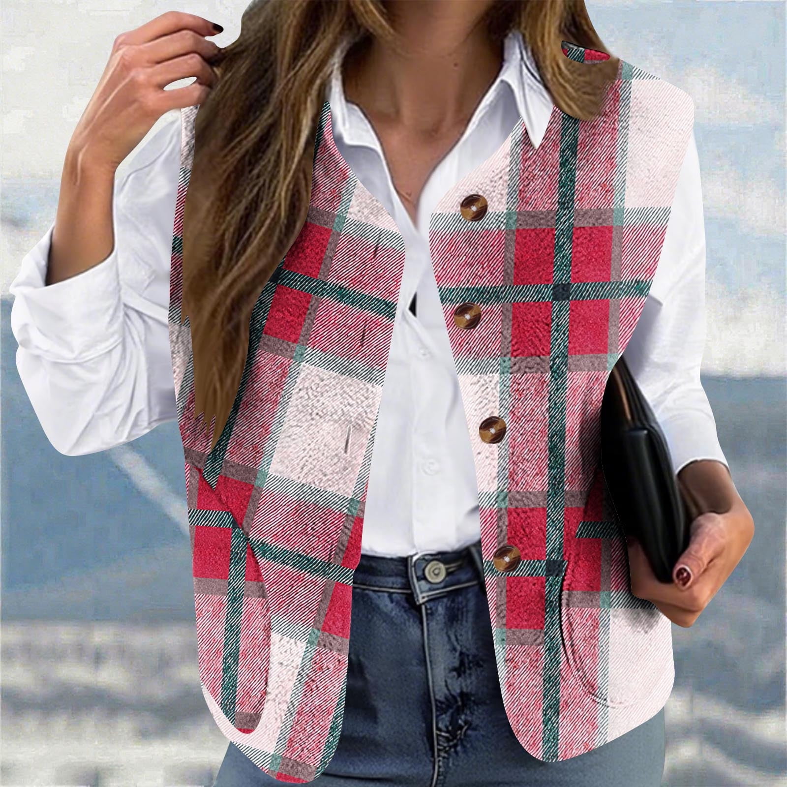 Gamivast Flannel Vest Women Plus Size Plaid Sleeveless Collarless ...
