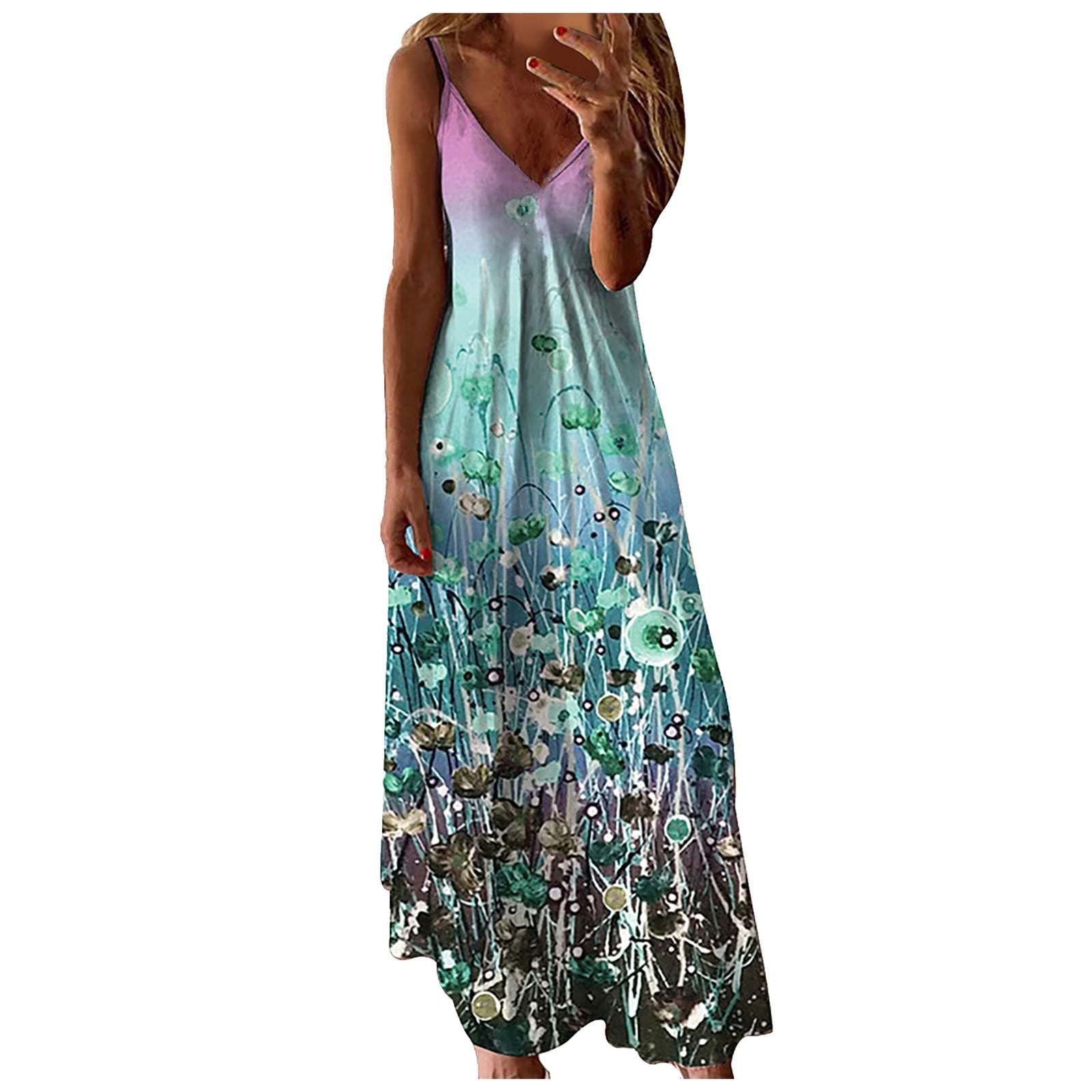 Gamivast Floral Print Sundress Spaghetti Strap Maxi Dress For Women