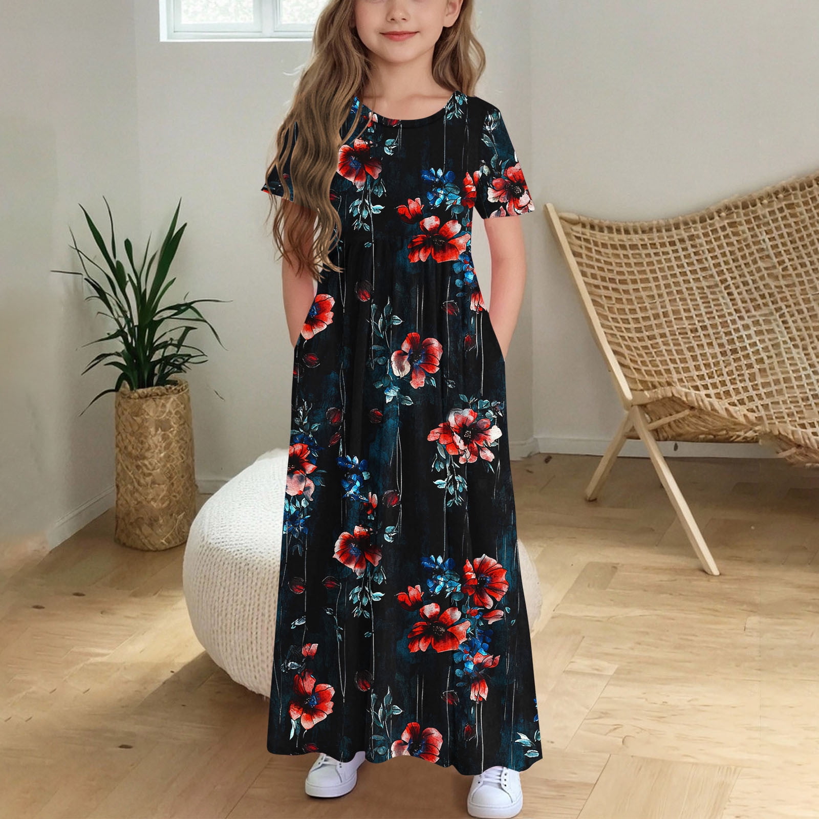 Gamivast Girls Dresses Size 10-12 Floral Maxi Dress Boho Ruffle Sleeve ...