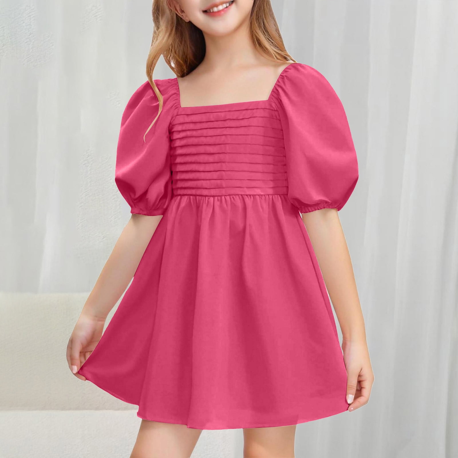Gamivast Girls Dresses Summer Square Neck Puff Sleeve Dress A-Line ...