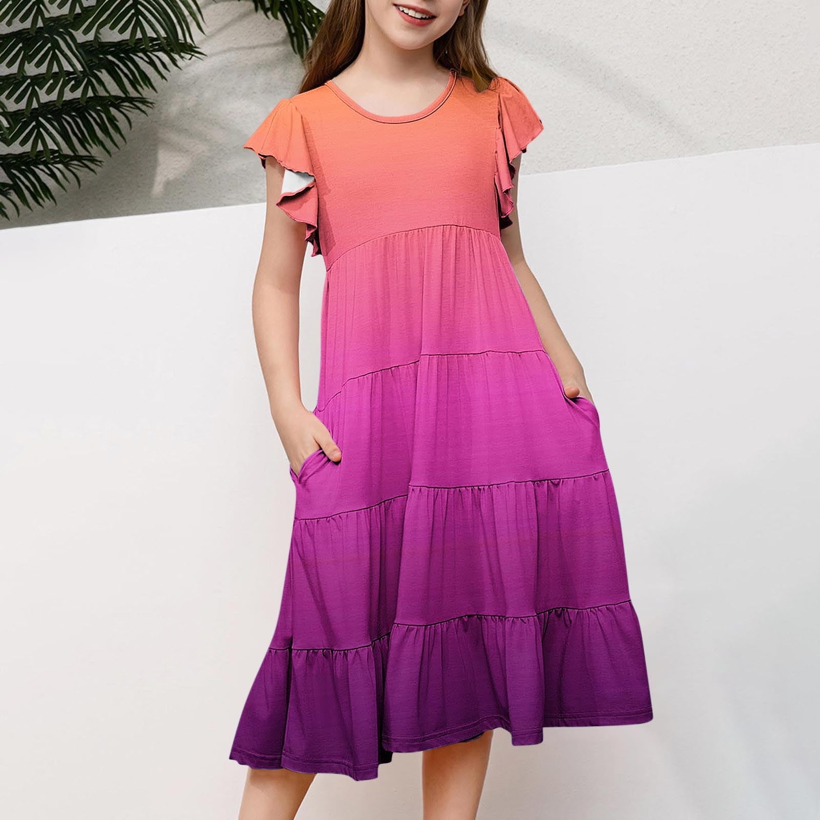 Gamivast Girls Summer Dress Crewneck Gradient Color Midi Dresses Double ...