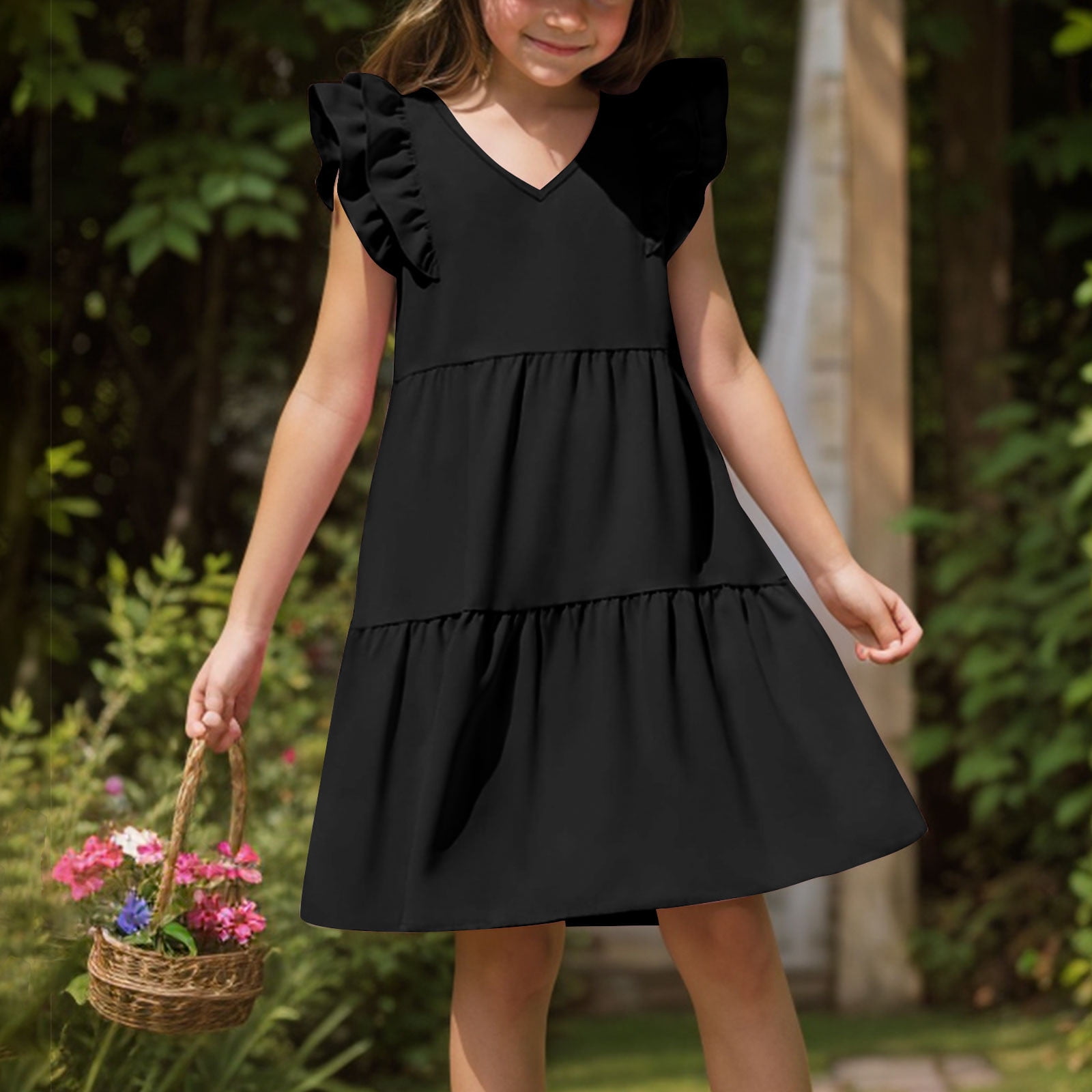 Gamivast Girls Summer Dress Cute Ruffle Sleeve Tiered V-Neck Dress ...