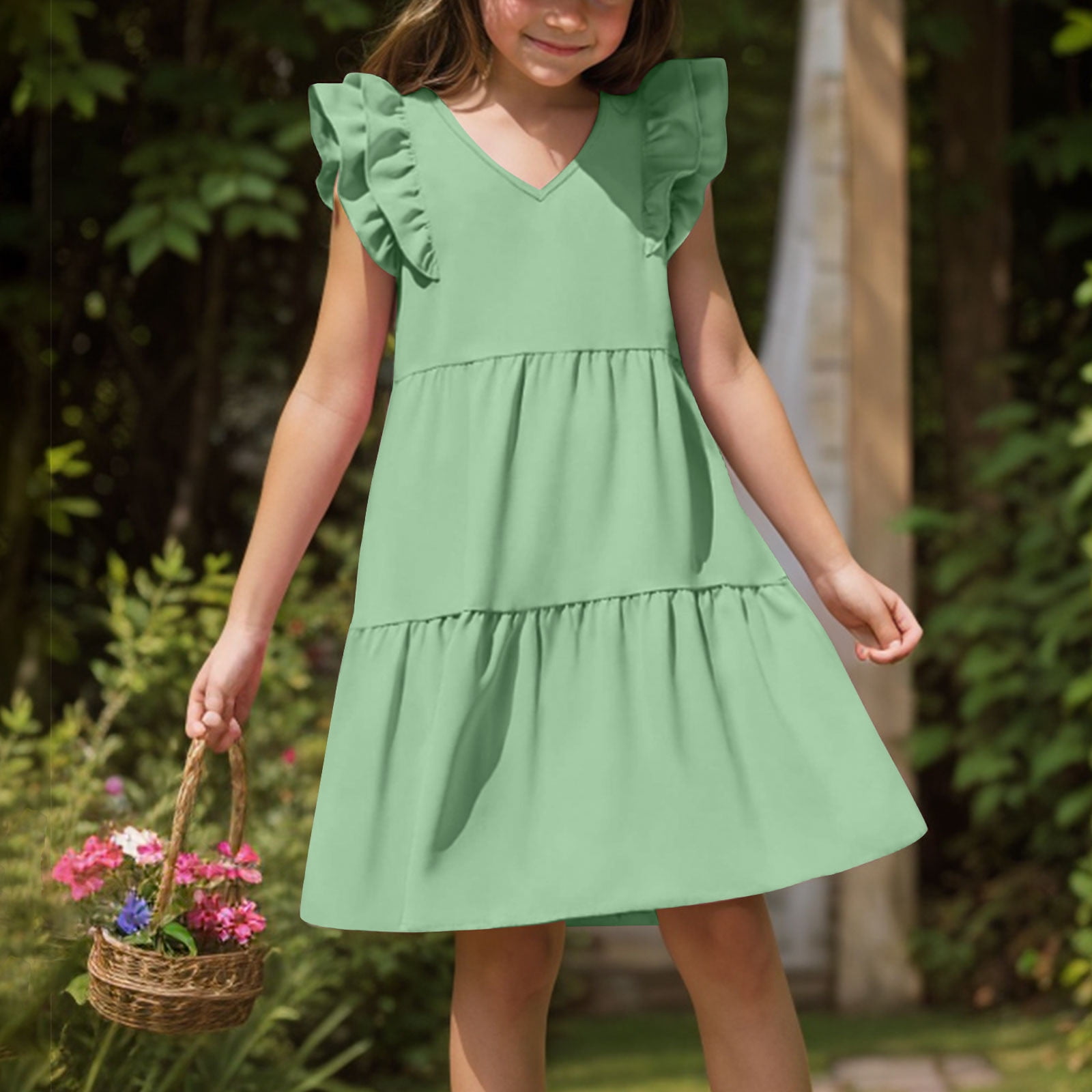 Gamivast Girls Summer Dress Cute Ruffle Sleeve Tiered V-Neck Dress ...