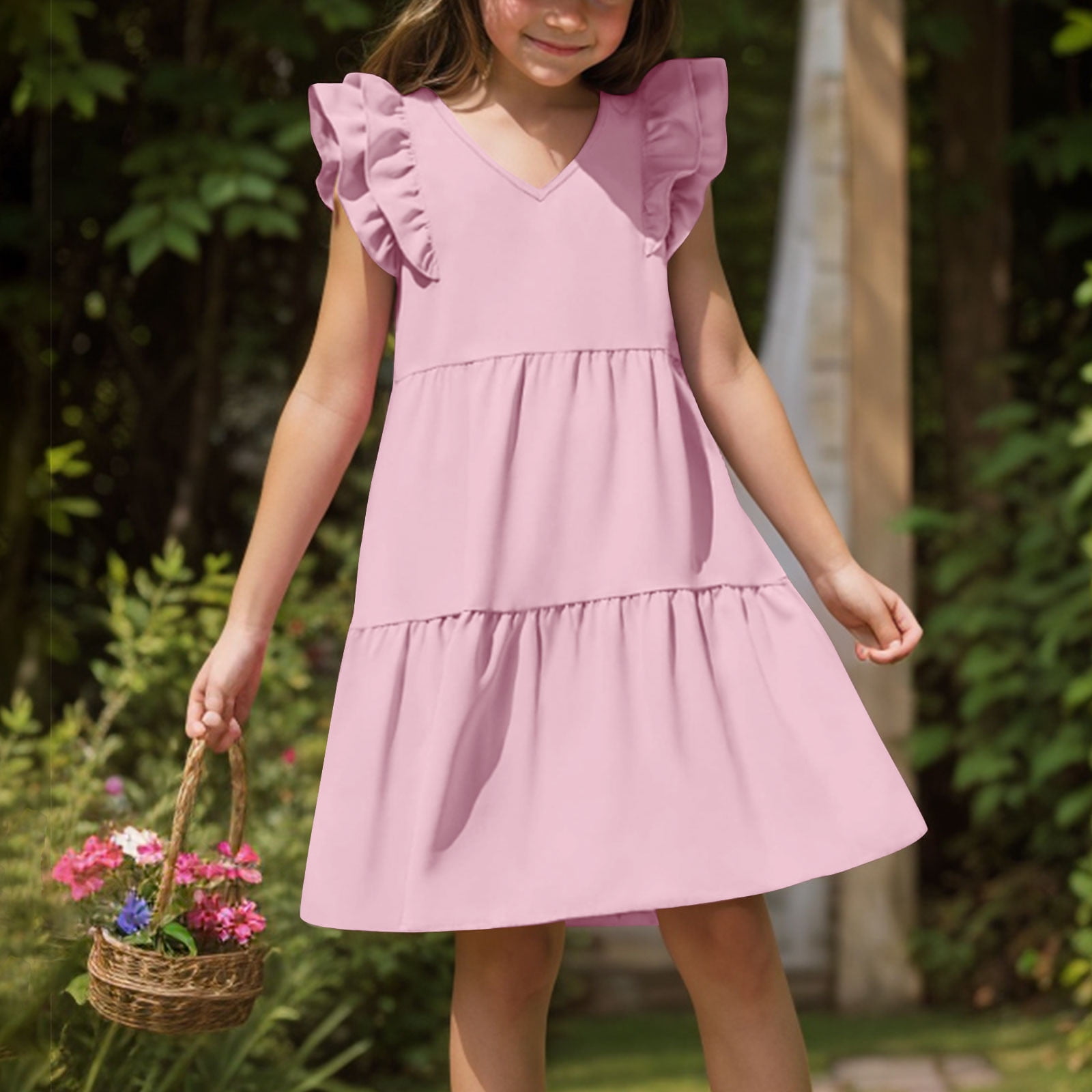 Gamivast Girls Summer Dress Cute Ruffle Sleeve Tiered V-Neck Dress ...