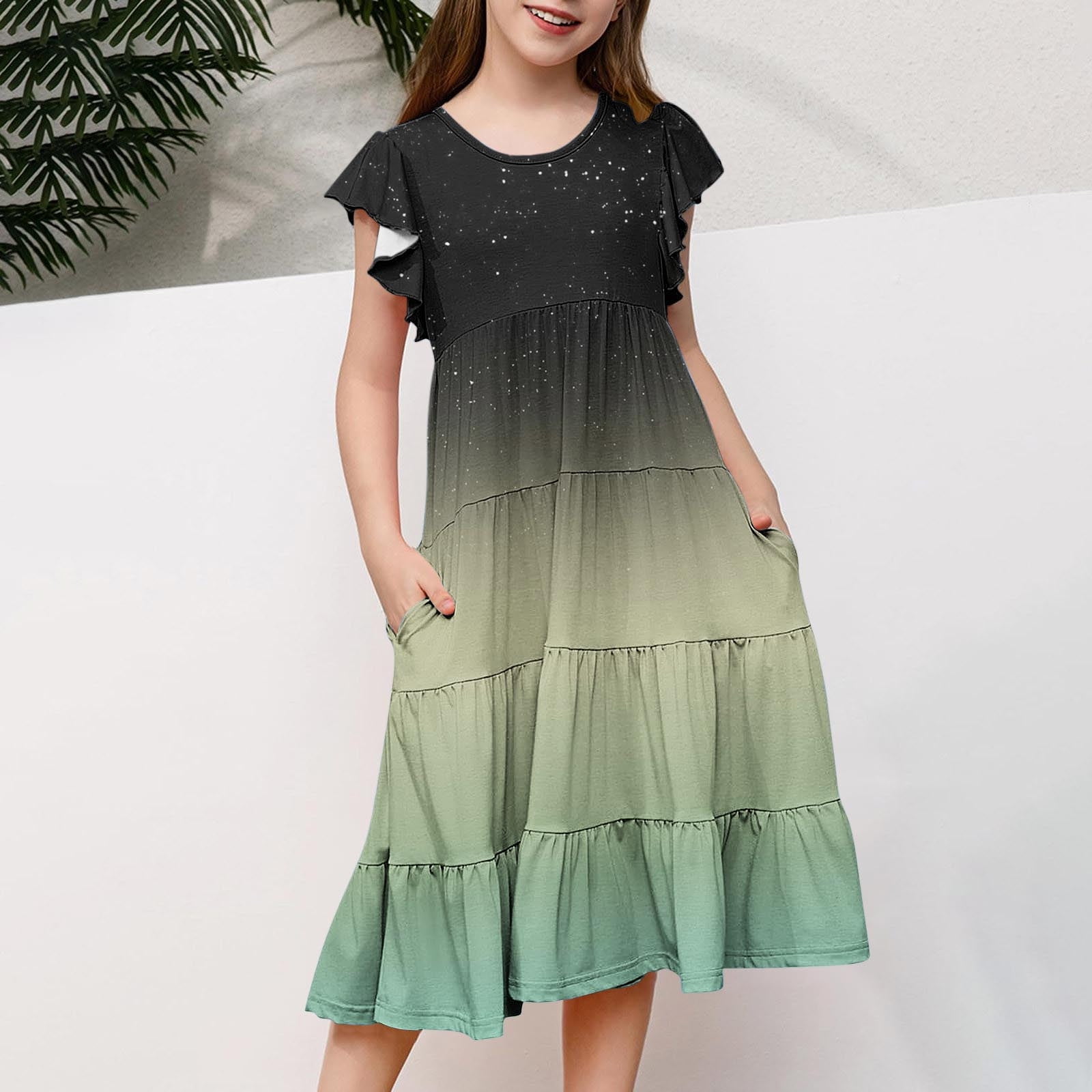 Gamivast Girls Summer Dress Gradient Color Cute Dress Fashion Ruffled Short Sleeve Midi Dress ...