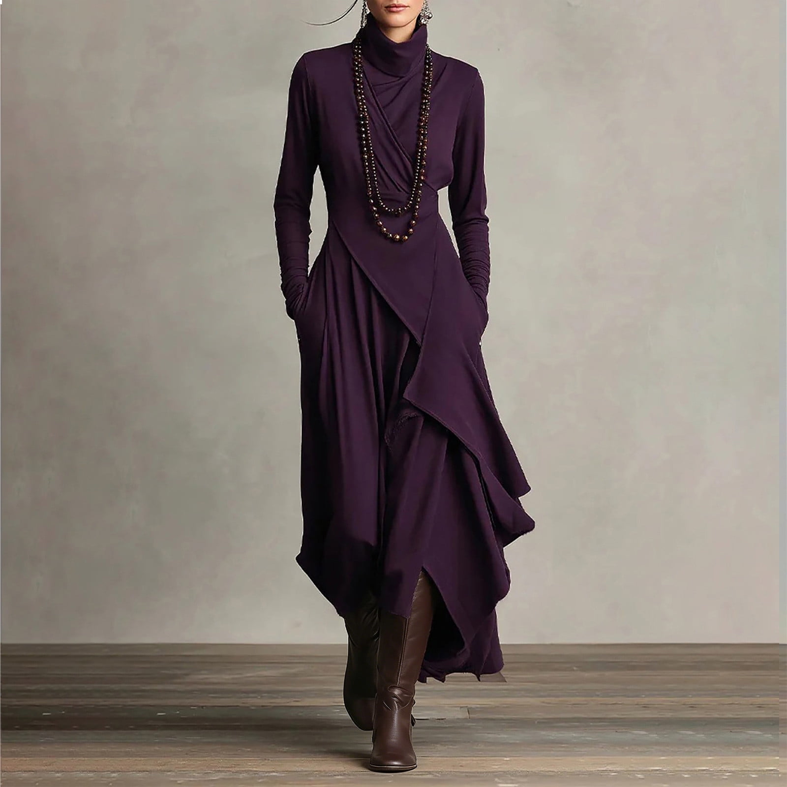 Gamivast Goth Dress for Women Long Sleeve Turtle Neck Asymmetrical Hem ...