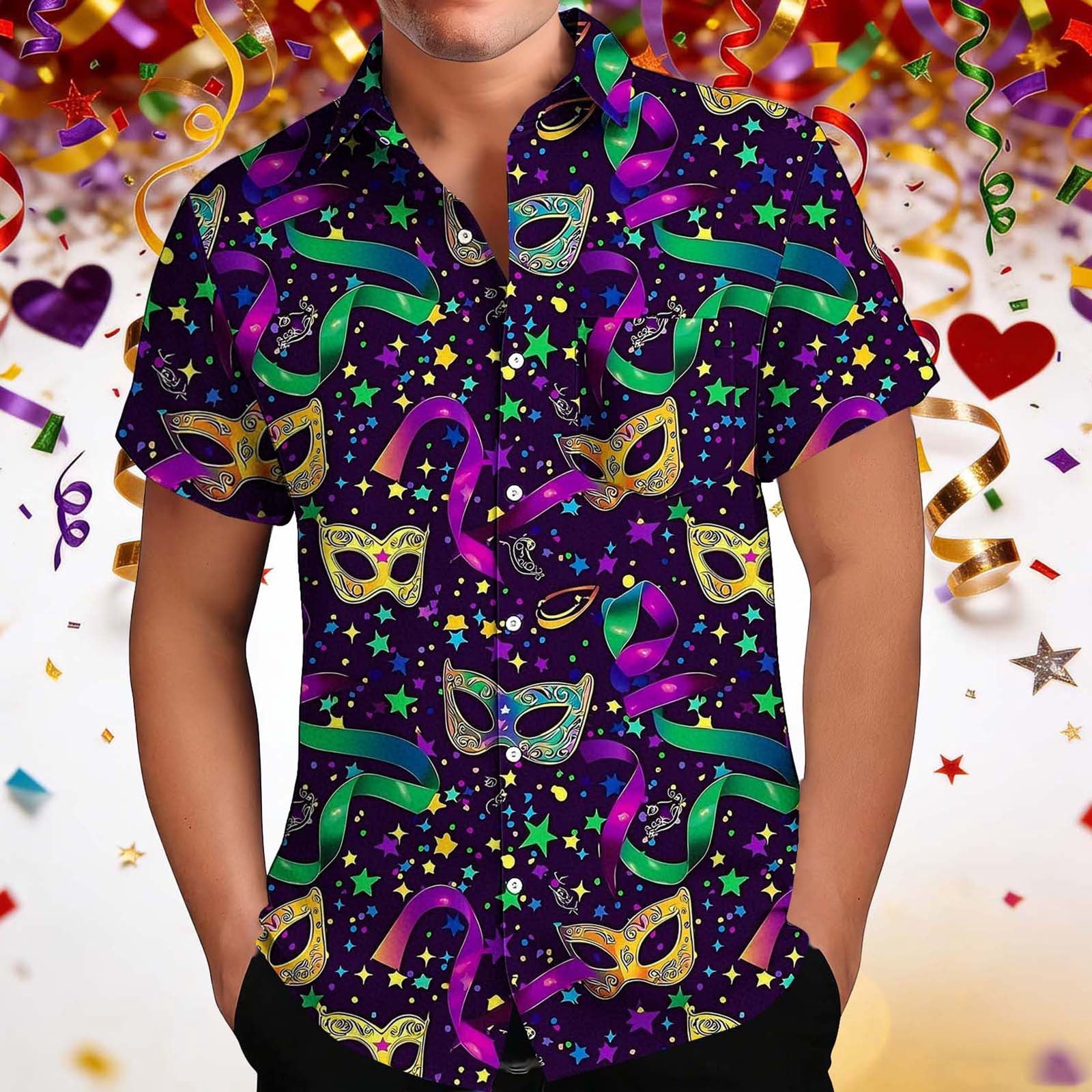 Gamivast Mardi Gras Shirts for Men Mask Print Regular Fit Lapel Neck ...