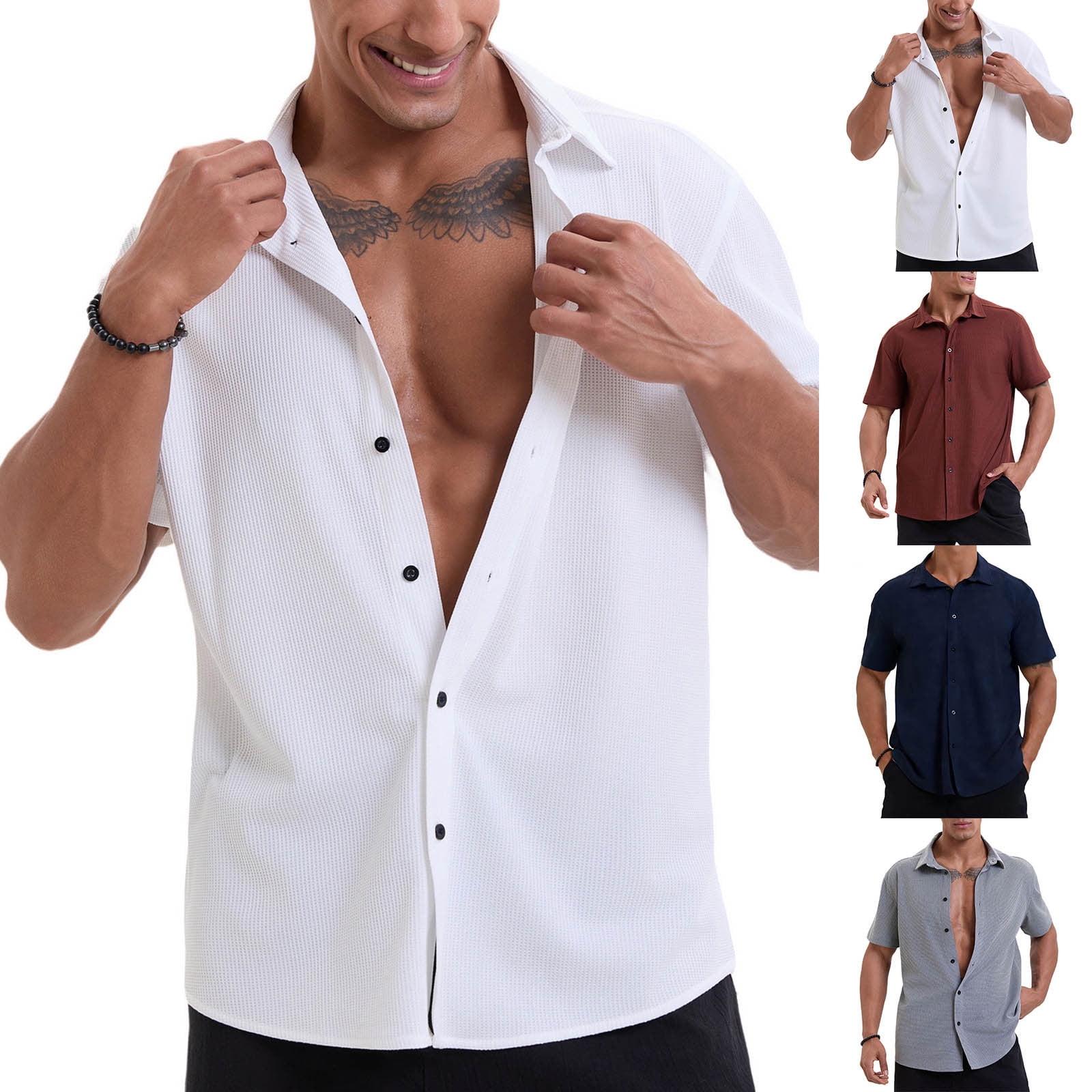 Gamivast Mens Shirts Waffle-Knit Button up Casual Slim Fit Short Sleeve ...