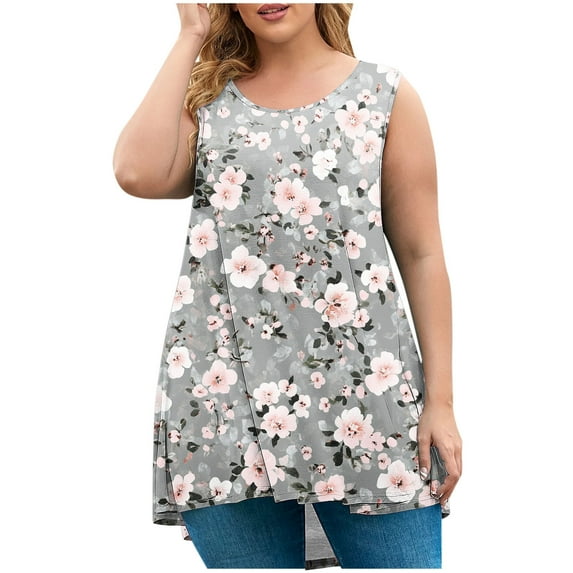Gamivast Plus Size Tank Tops for Women Red White Floral Print Round ...