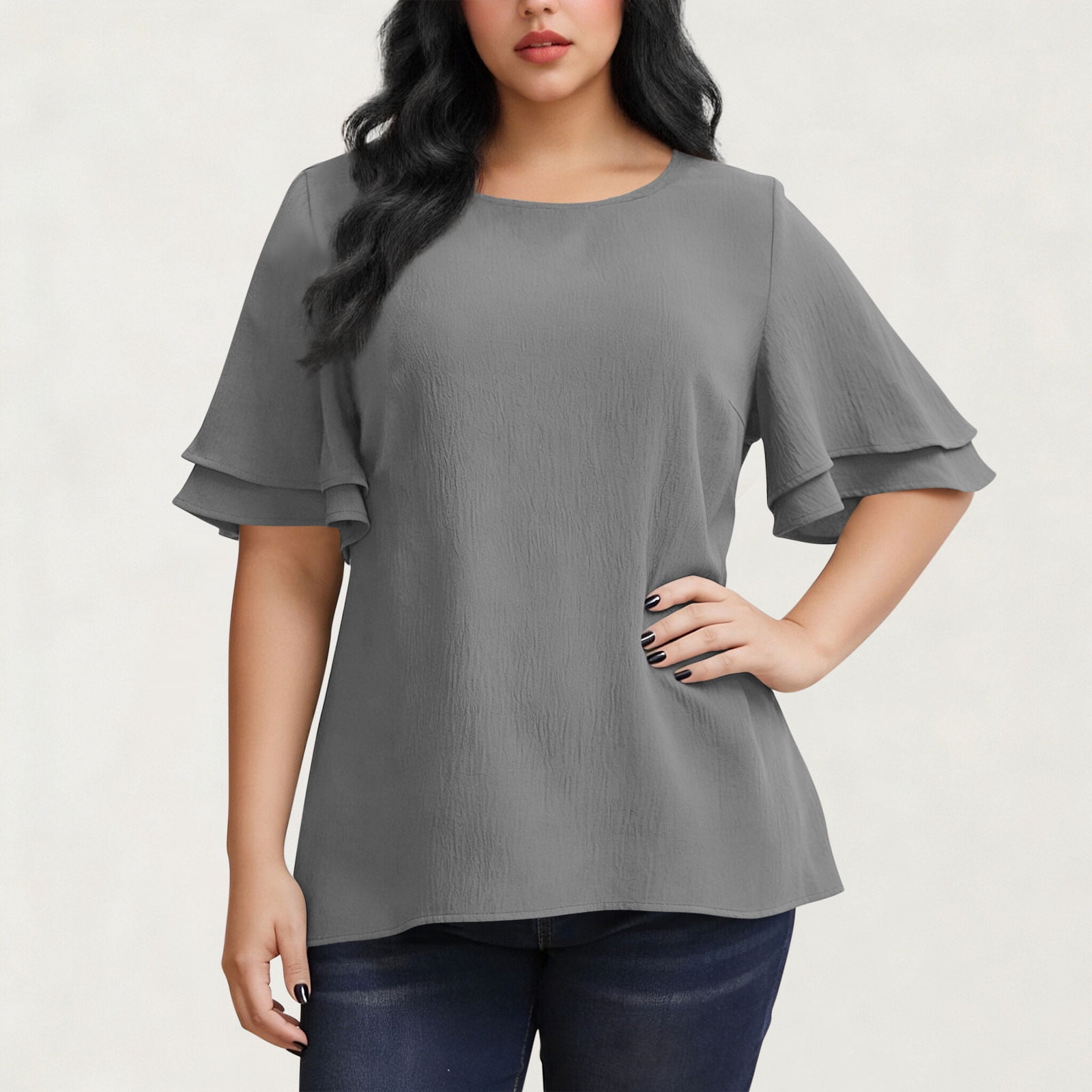 Gamivast Plus Size Tunic Tops for Women Short Ruffle Sleeve Round Neck ...