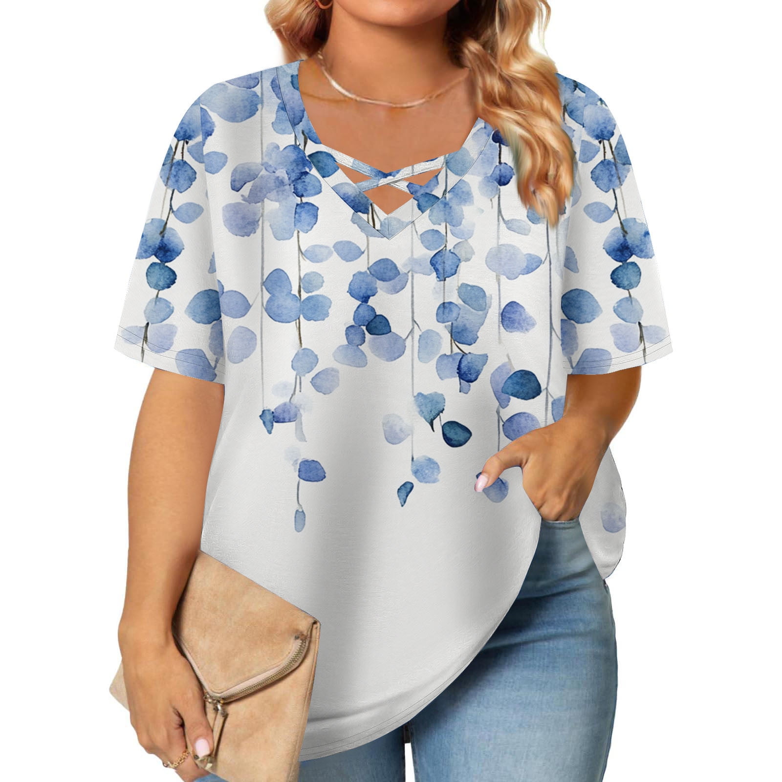 Gamivast Plus Size Women's Tops Criss Crossed Front Casual Loose Short ...