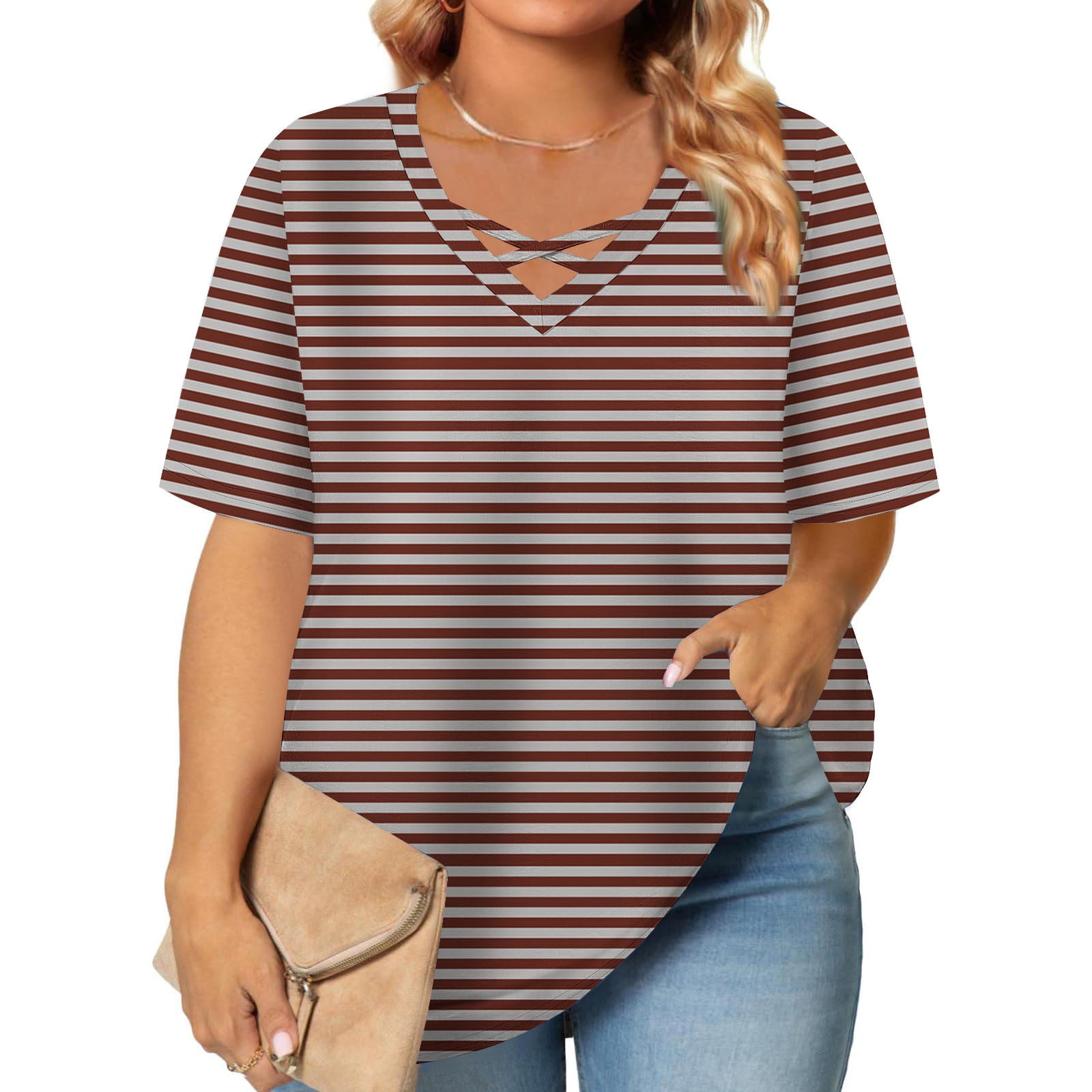 Gamivast Plus Size Women's Tops Dressy Short Sleeve V Neck Stripe Print ...