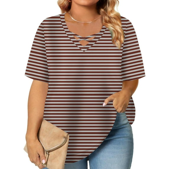 Gamivast Plus Size Women's Tops Dressy Short Sleeve V Neck Stripe Print ...