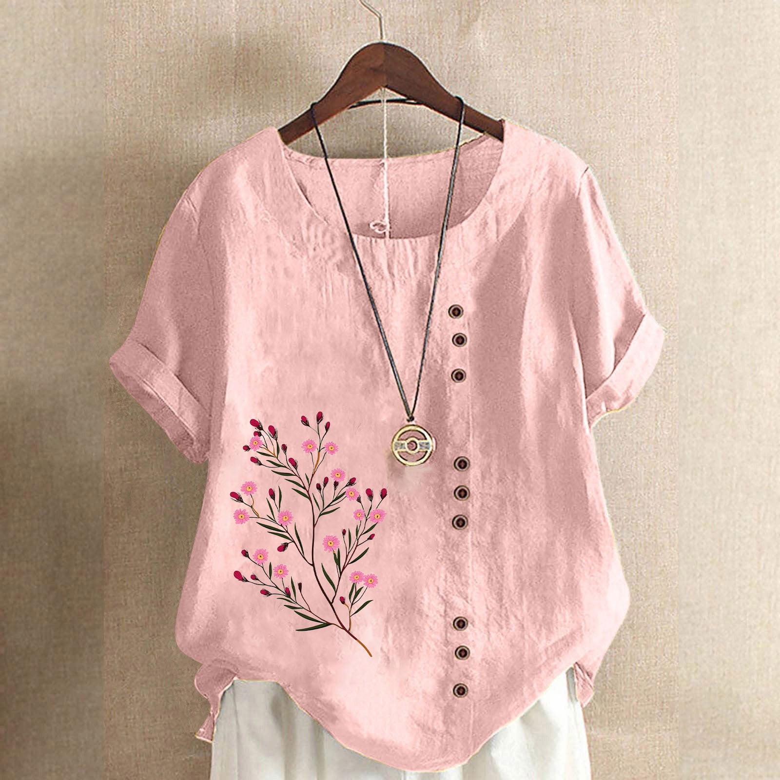 Gamivast Plus Size Womens Linen Tops Oversized Short Sleeve Floral ...