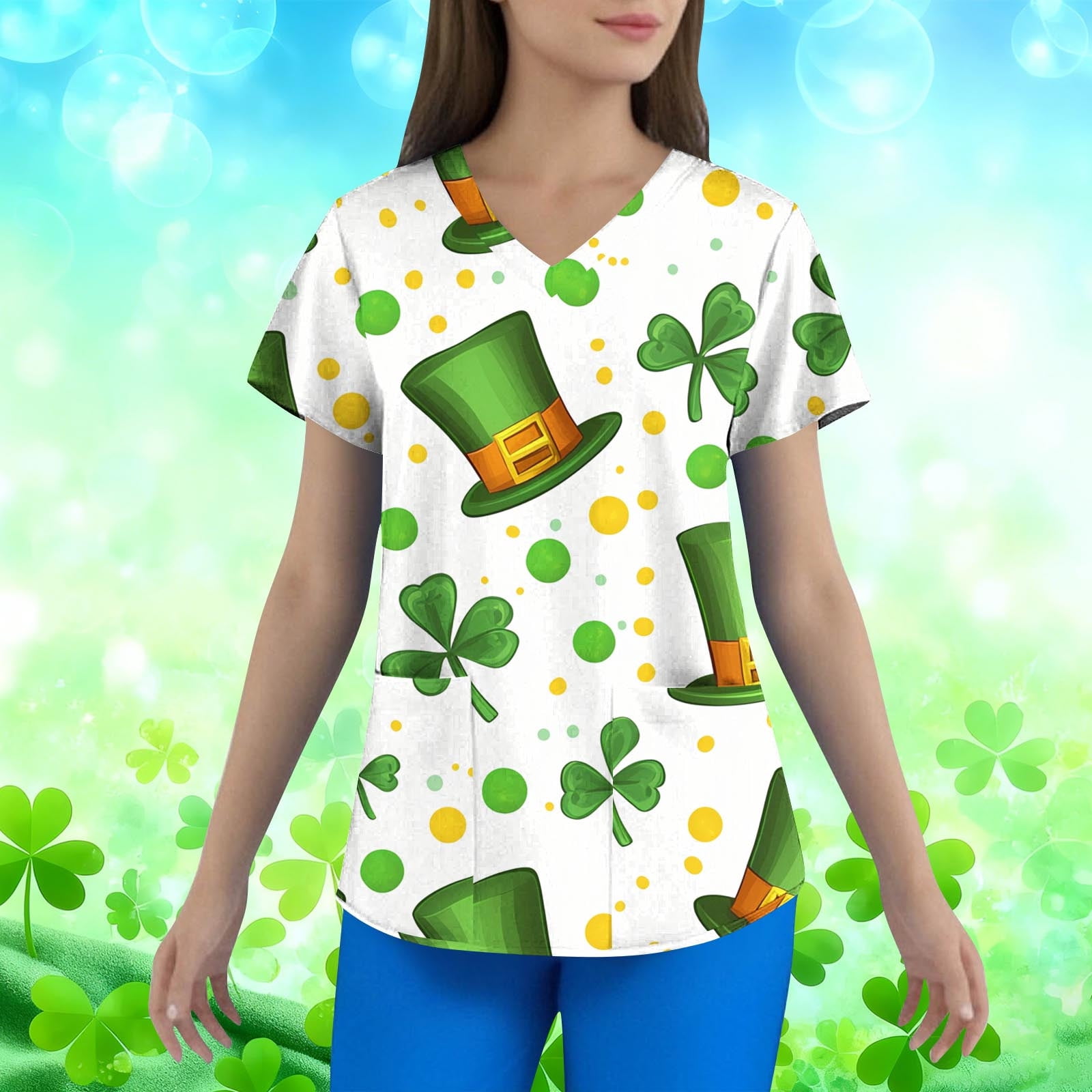 Gamivast Plus Size Womens Scrubs Green Clover V-Neck Short Sleeve Body ...