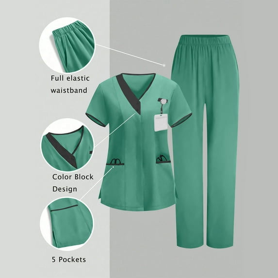 Gamivast Plus Size Womens Scrubs Set Elastic Waist Straight Pant V-Neck ...