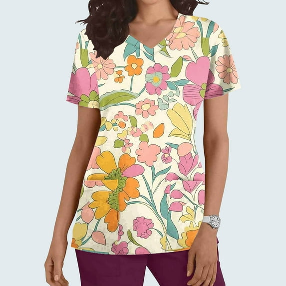 Gamivast Scrubs for Women Floral Print V-Neck Short Sleeve Nursing ...