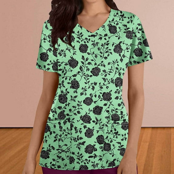 Gamivast Scrubs for Women Floral Print V-Neck Short Sleeve Nursing ...