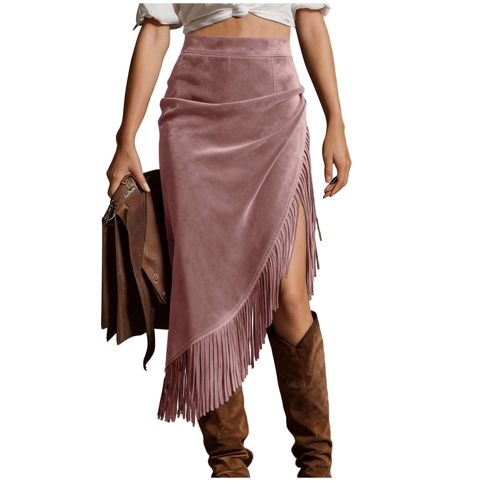 Gamivast Suede Dress for Women High Waist Wrap Fringe Skirt Western ...