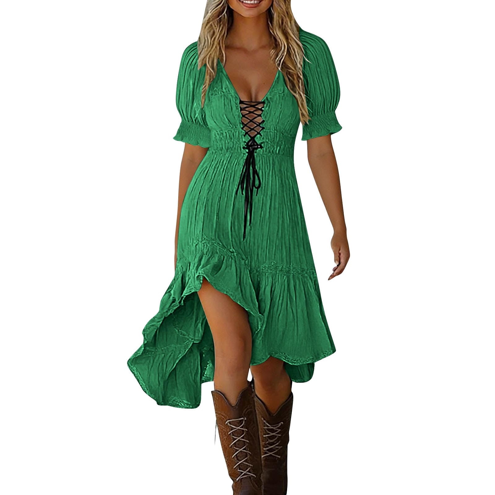 Gamivast Sundresses for Women Lace Up V-Neck Short Puff Sleeve Summer ...