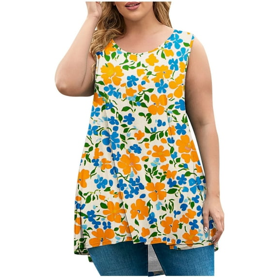 Gamivast Tank Tops for Women Plus Size Palm Tree Gradient Print Round ...