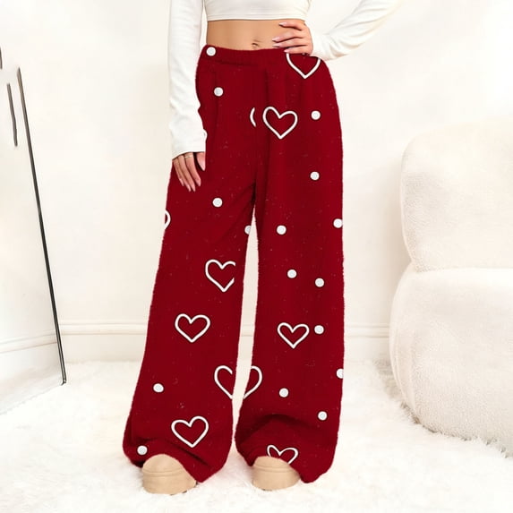Gamivast Valentines Pants for Women Fleece Love Heart Print Elastic ...