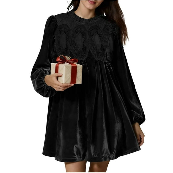 Gamivast Velvet Dress for Women Crochet Long Sleeve A-Line Swing ...