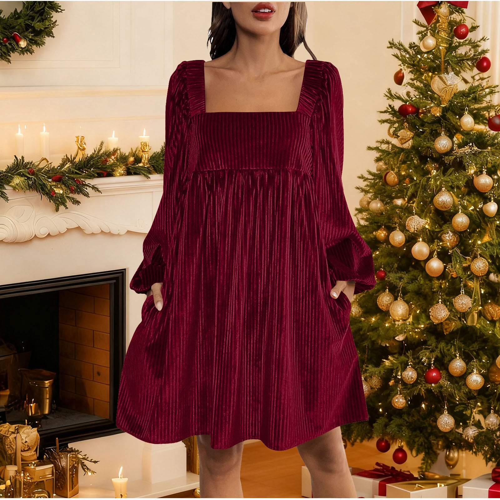 Gamivast Velvet Dress for Women Long Sleeve Midi Winter Square Ruffle A ...