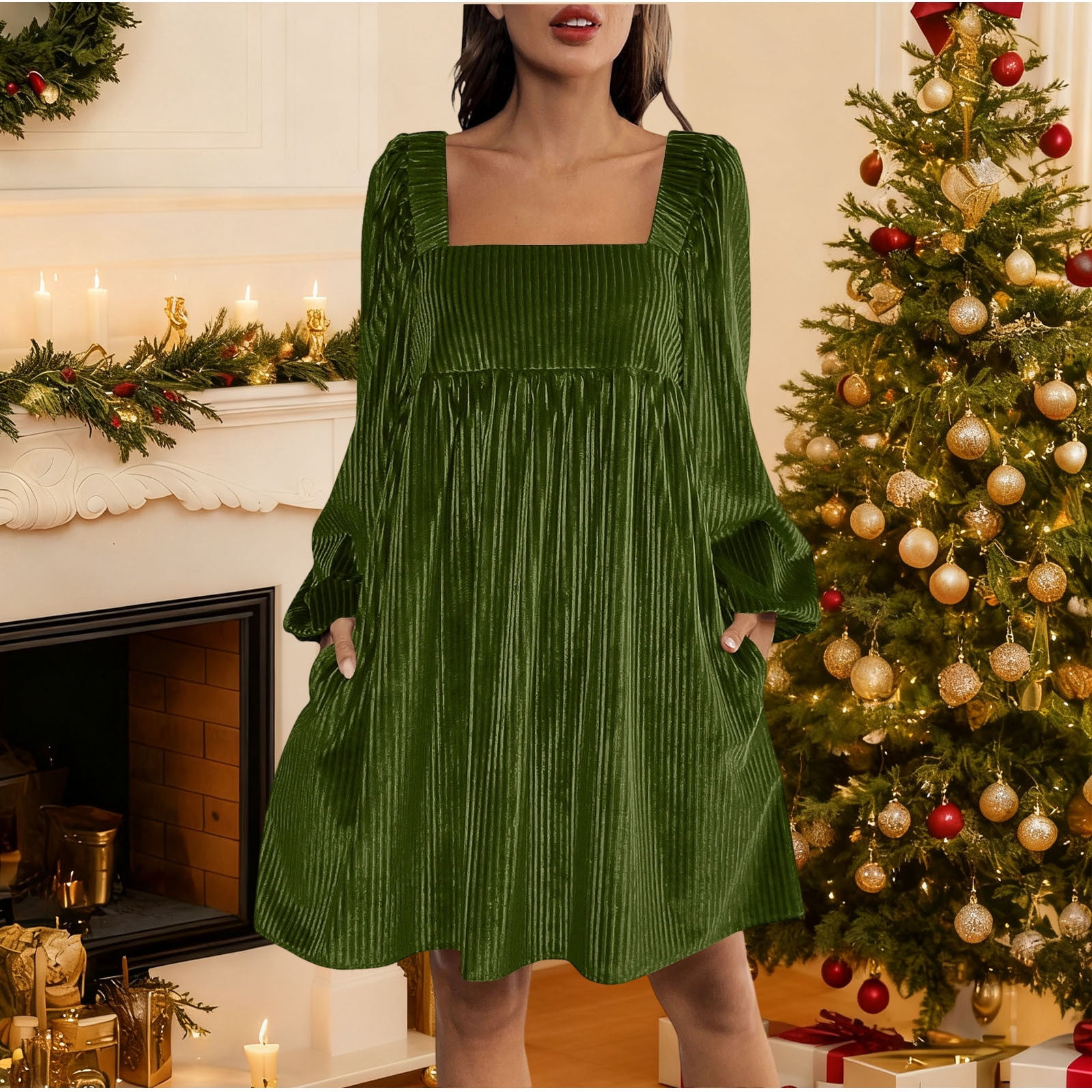Gamivast Velvet Dress for Women Long Sleeve Midi Winter Square Ruffle A ...