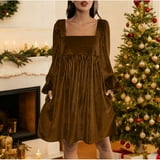 Gamivast Velvet Dress for Women Long Sleeve Midi Winter Square Ruffle A ...