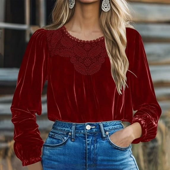 Gamivast Velvet Tops for Women Elegant Lace Crew Neck Dressy Shirts ...