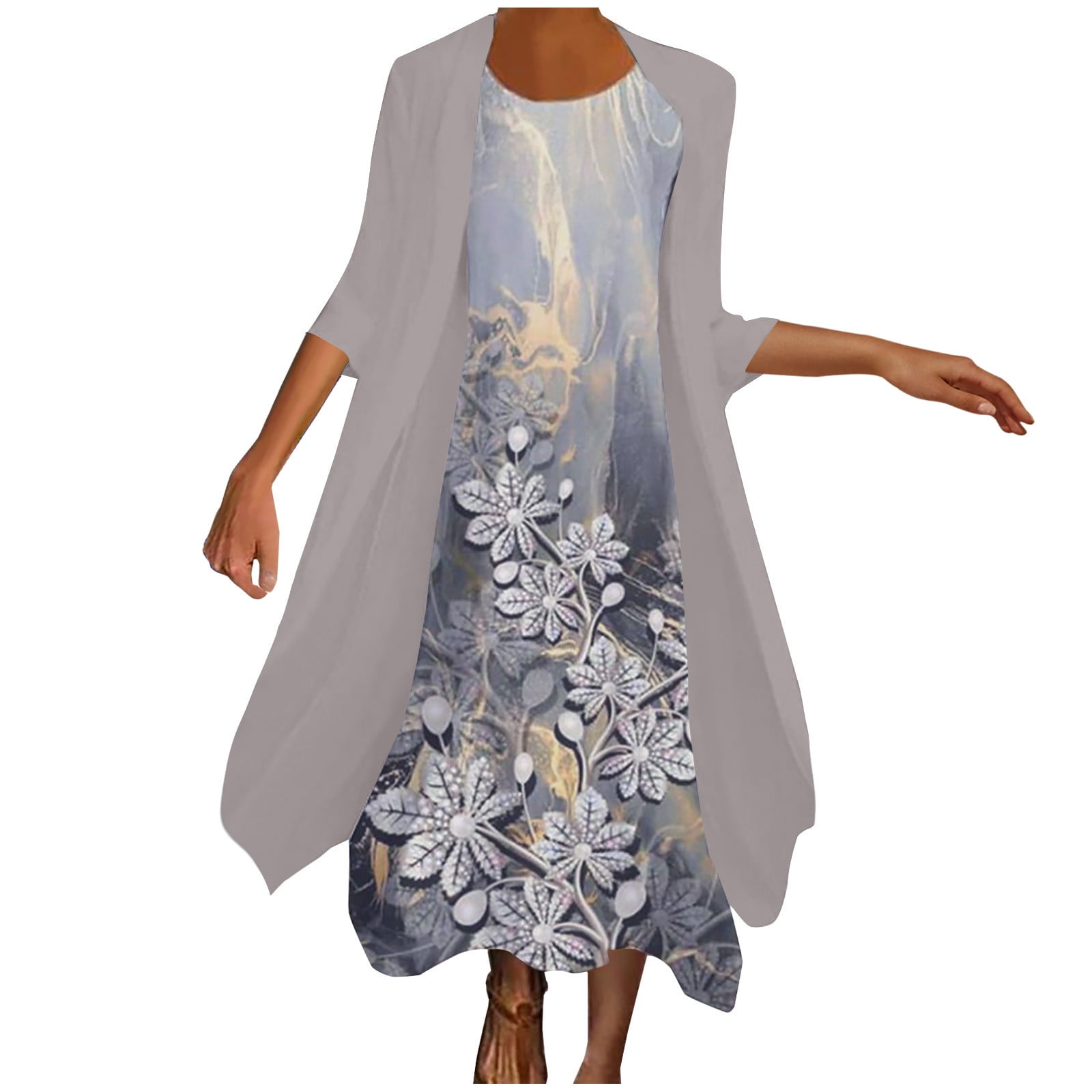 Gamivast Women Plus Size Floral Print 3/4 Sleeve 2-Piece et Dress Semi ...