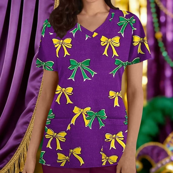 Gamivast Women's Scrubs Mardi Gras Polka-Dot Print Contemporary Fit V ...