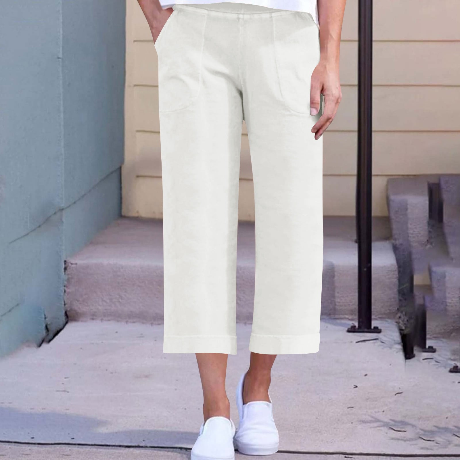 Gamivast Women's Solid Color Loose Capri Pants Elastic Waist Stretch ...
