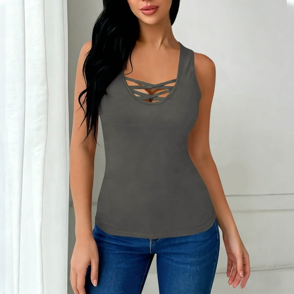 Gamivast Women's Tank Tops Sleeveless Round Neck Criss Crossed Front ...