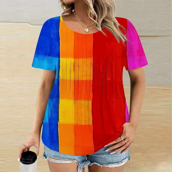 Gamivast Women's Tops Plaid Color Block Short Sleeve Oversized Shirts ...