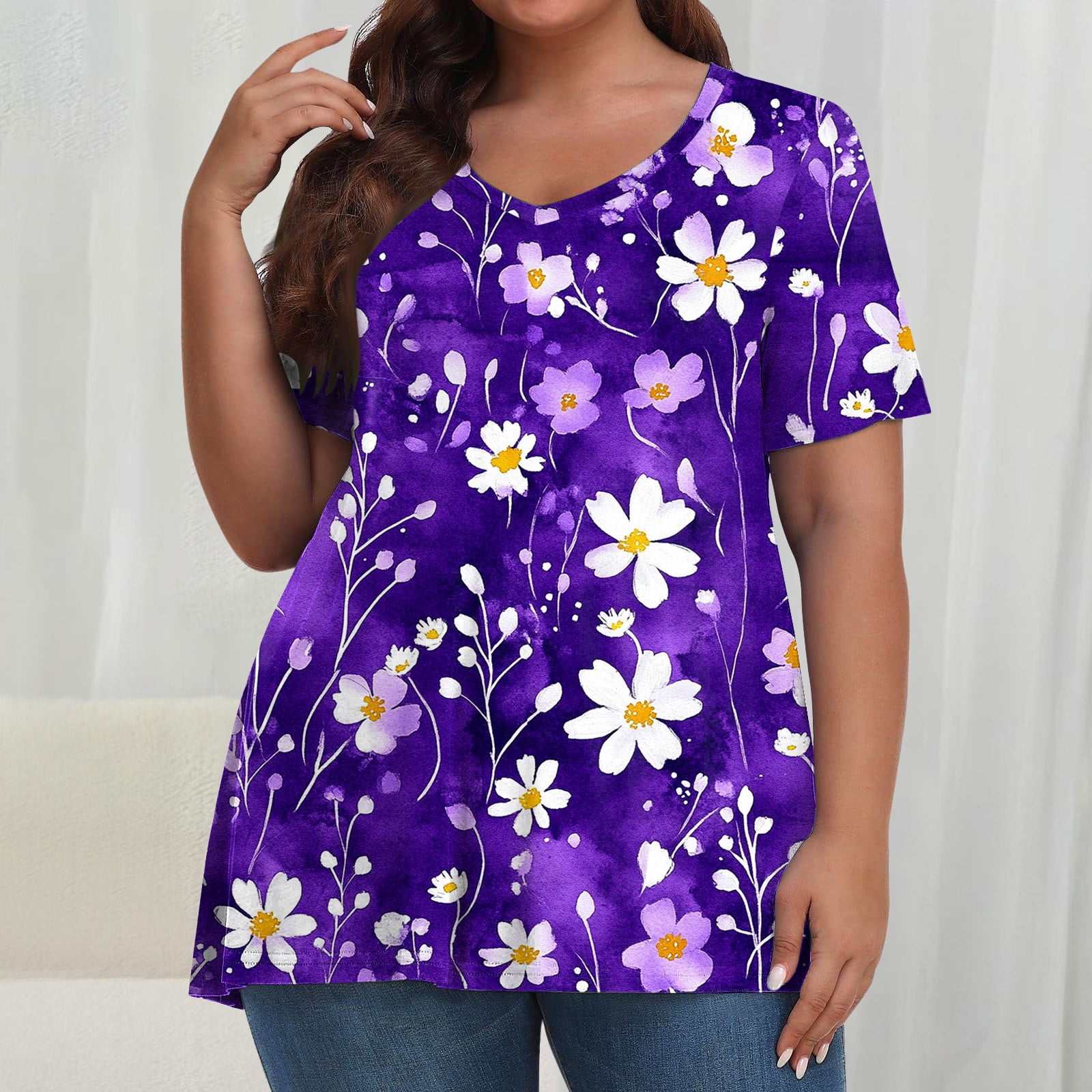 Gamivast Womens Holiday Tops Plus Size Short Sleeve Floral & Leaf Graphic V Neck Blouses Trendy ...