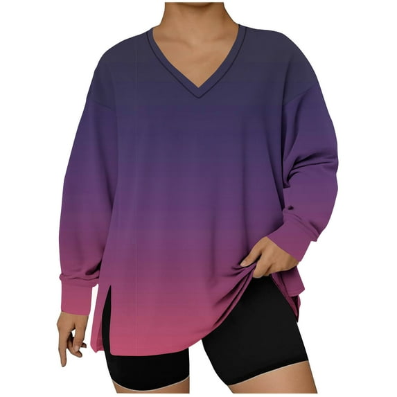 Gamivast Womens Sweatshirts Plus Size Gradient V Neck Side Split Casual ...