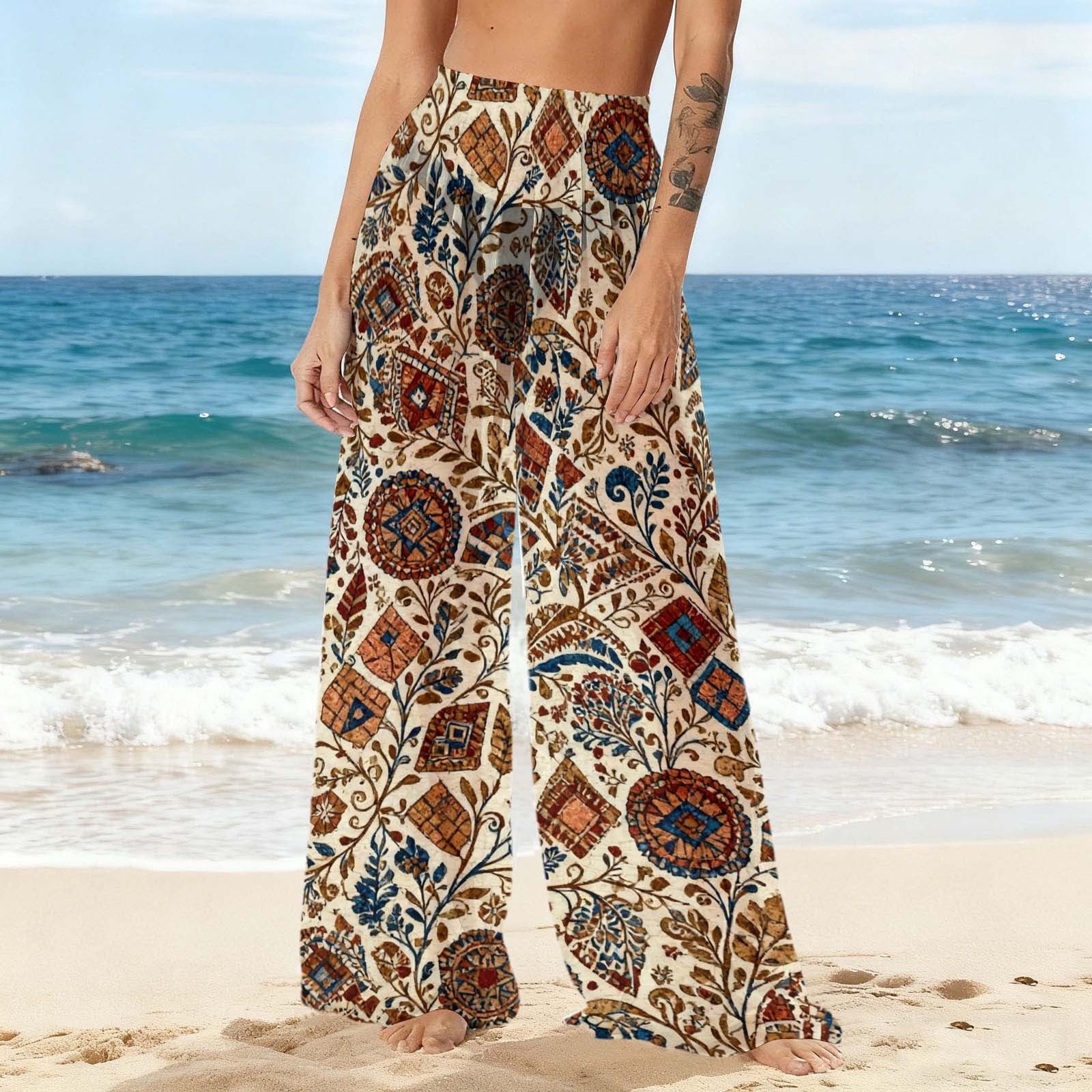 Gamivast Womens Swimsuit Cover up Pants Boho Floral Graphic Wide Leg ...