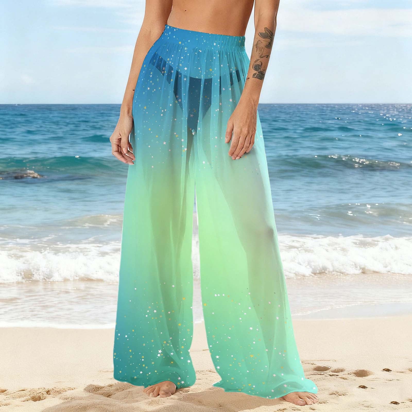 Gamivast Womens Swimsuit Cover up Pants Glitter Gradient Sheer Beach ...