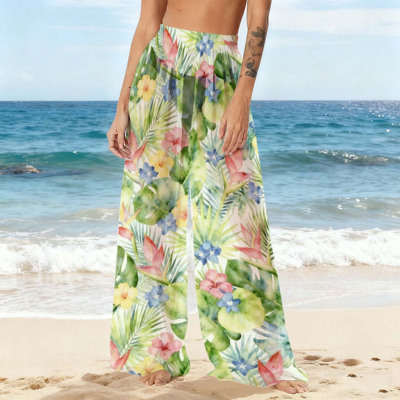 Gamivast Womens Swimsuit Cover up Pants Palm Leaf Sheer Beach Elastic ...