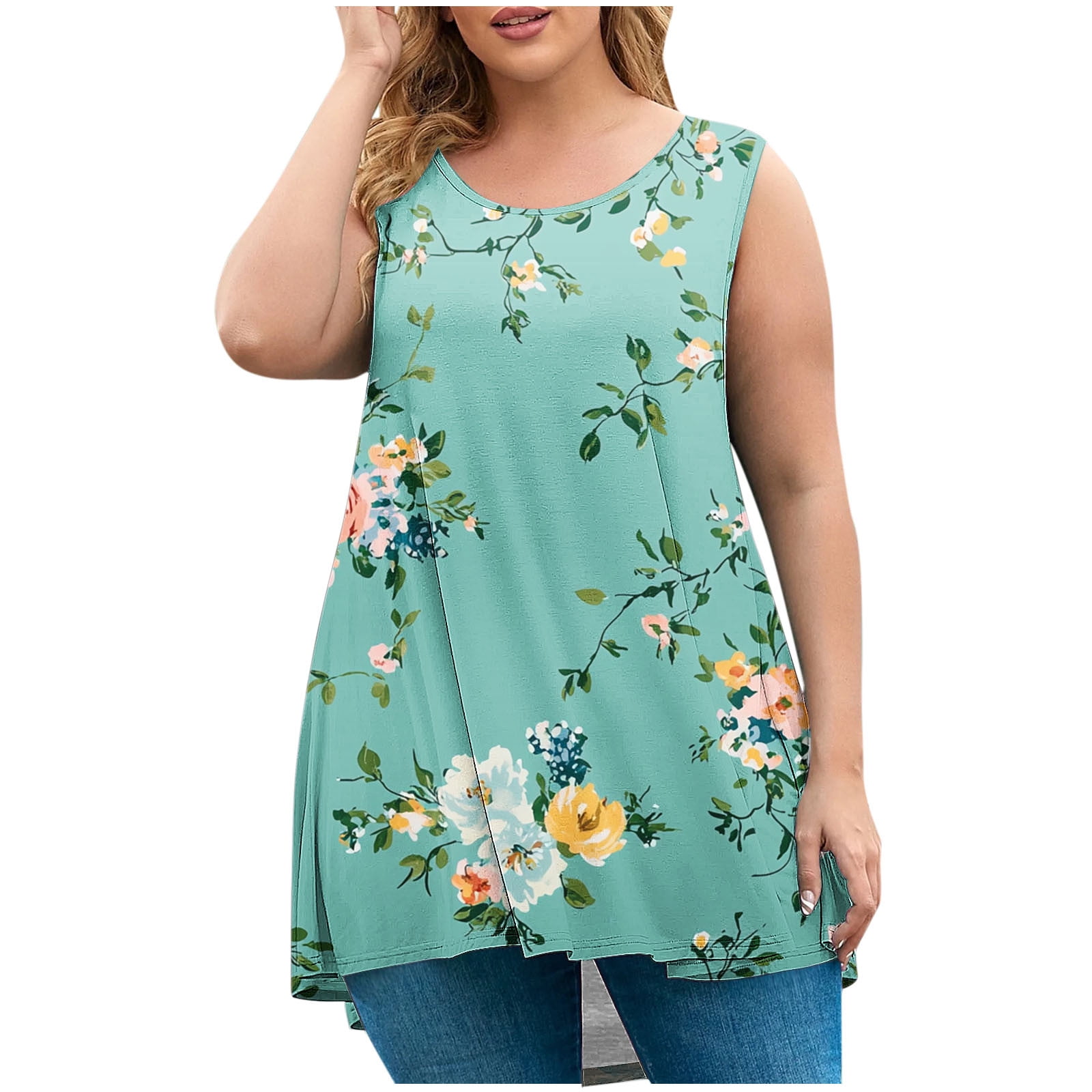 Gamivast Womens Tank Tops Plus Size Pastel Floral Print Round Neck ...