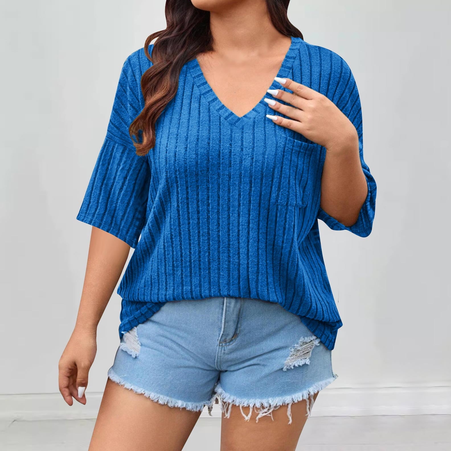 Gamivast Womens Tops Plus Size Shorts Sleeve V Neck Ribbed Knit Shirts ...