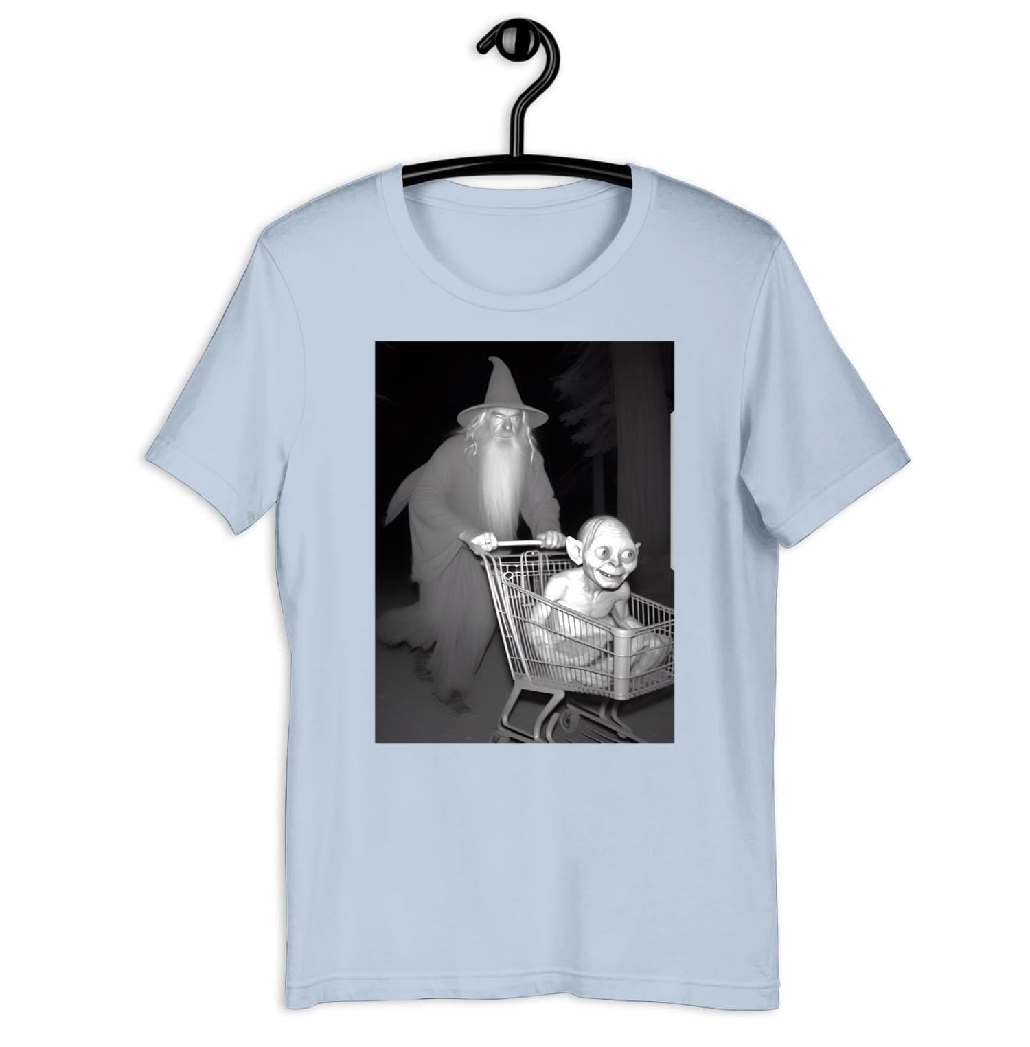 Gandalf Pushing Gollum in Shopping Cart Graphic T-Shirt - Whimsical ...