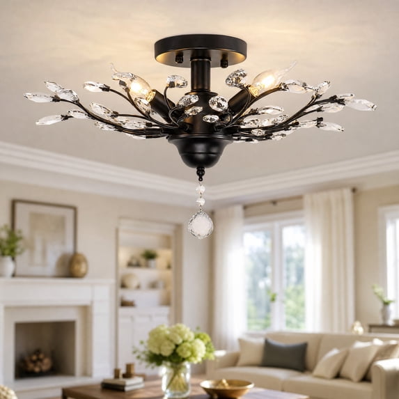 Ganeed 31.5in. 5 Light Black Luxury Crystal Flush Mount Ceiling Light ...